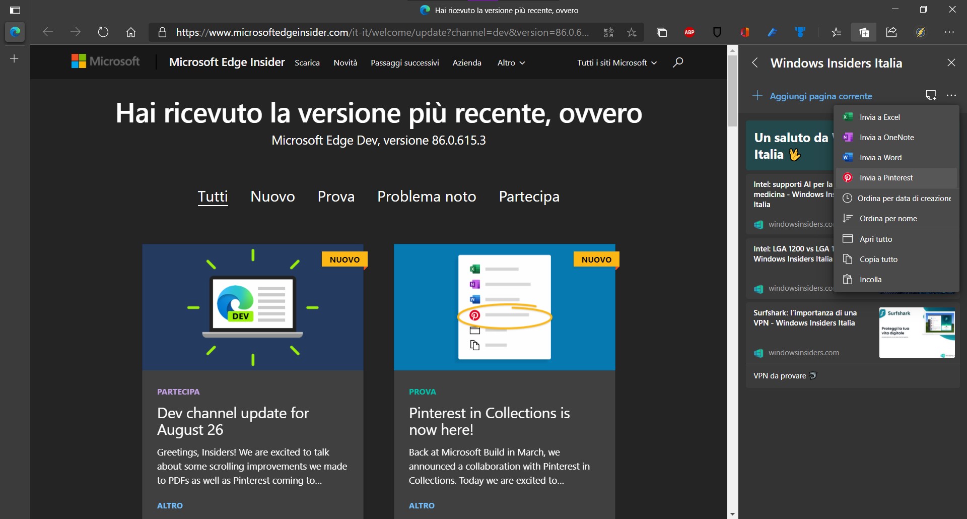 Microsoft Edge Dev: novità versione 86.0.615.3 - Windows Insiders Italia Microsoft Edge Dev: novità versione 86.0.615.3 - Windows Insiders Italia